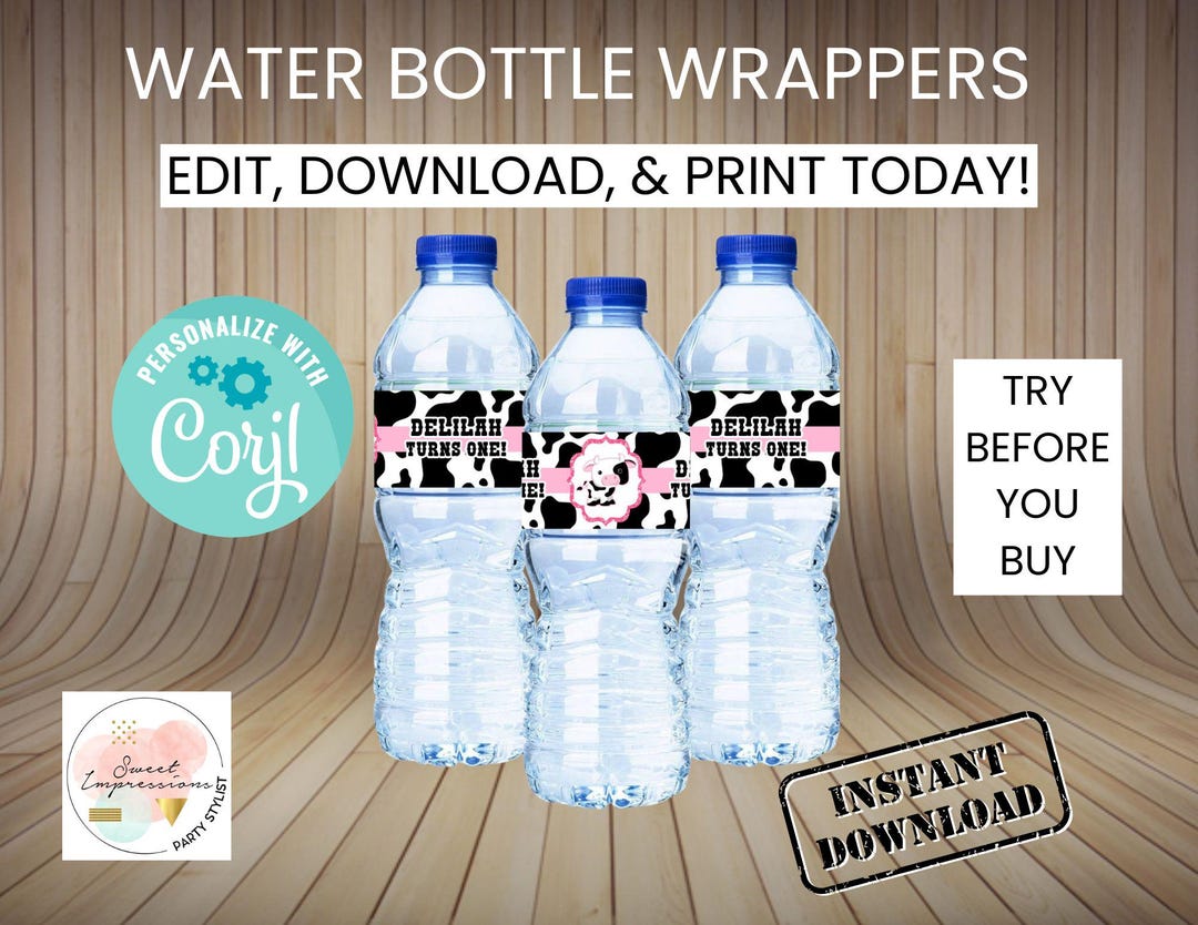Pink Cow Standard Water Bottle Wrappers | EDITABLE | Instant Access ...