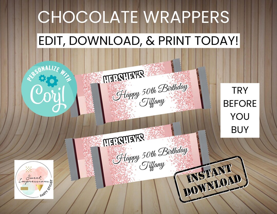 Rose Gold Glitter Chocolate Wrappers | EDITABLE | Instant Access ...