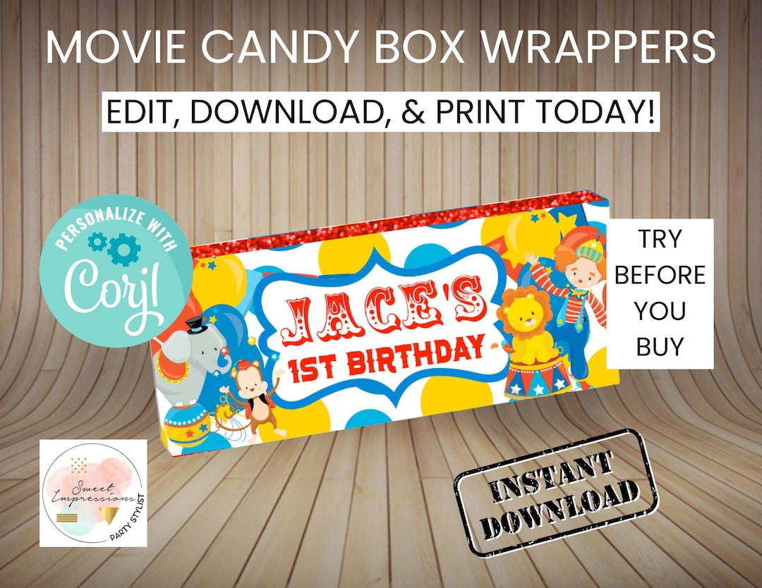 Circus Carnival Movie Candy Box Wrapper | EDITABLE | Instant Access ...