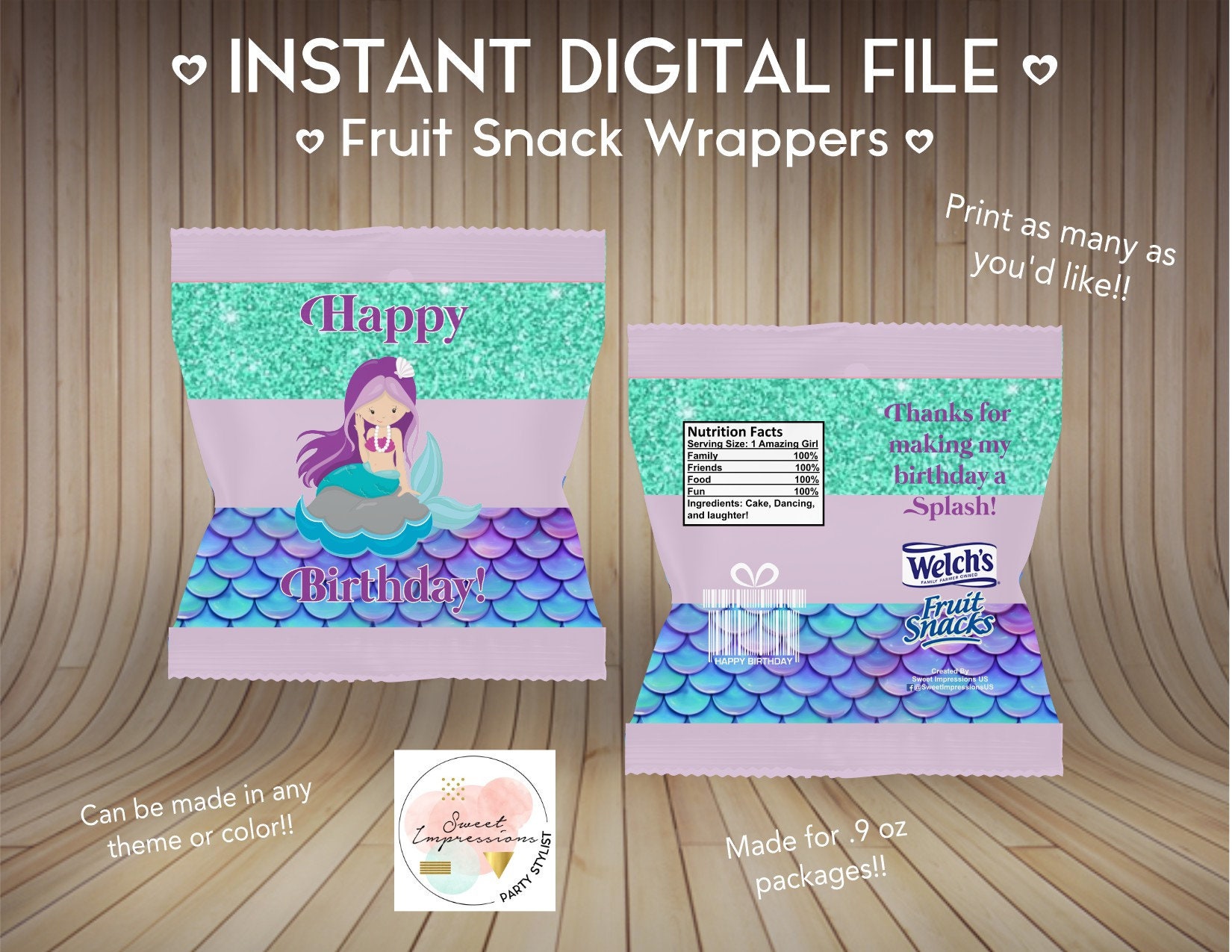 Mermaid Fruit Snacks Wrapper Digital File, Instant Download, Birthday ...