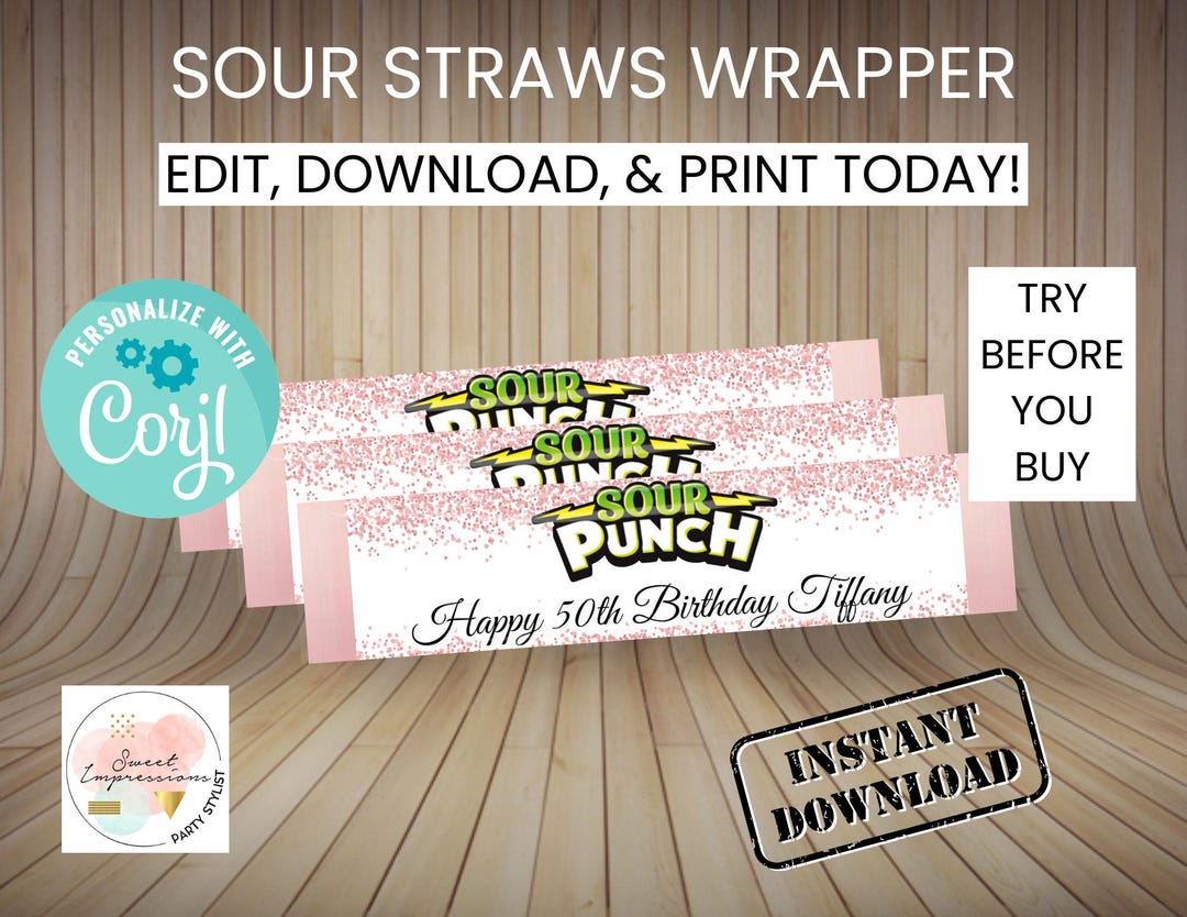 Rose Gold Glitter Sour Straws Wrappers | EDITABLE | Instant Access ...