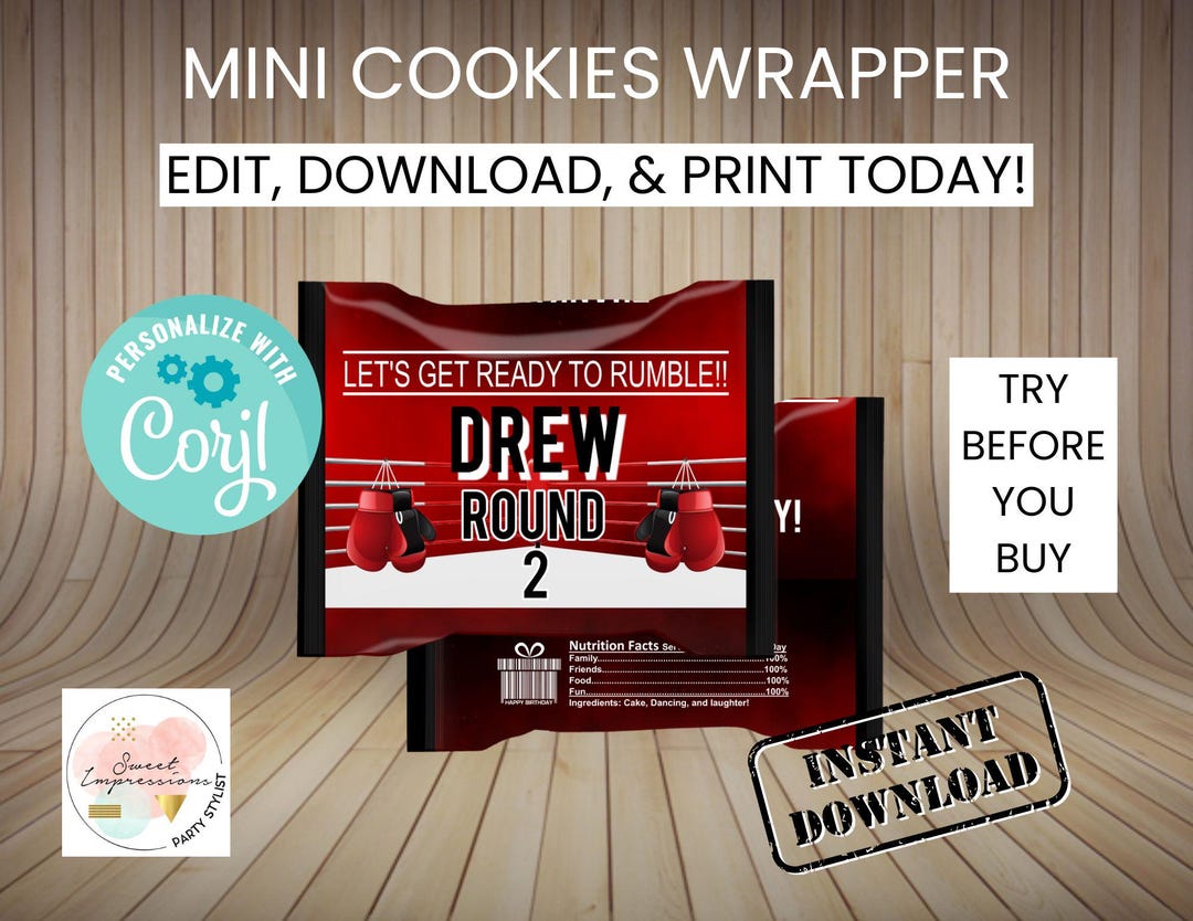 Boxing Ring Mini Cookies Wrapper | EDITABLE | Instant Access | Party ...