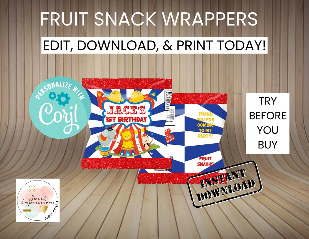 Circus Carnival Fruit Snack Wrapper | EDITABLE | Instant Access | Party ...