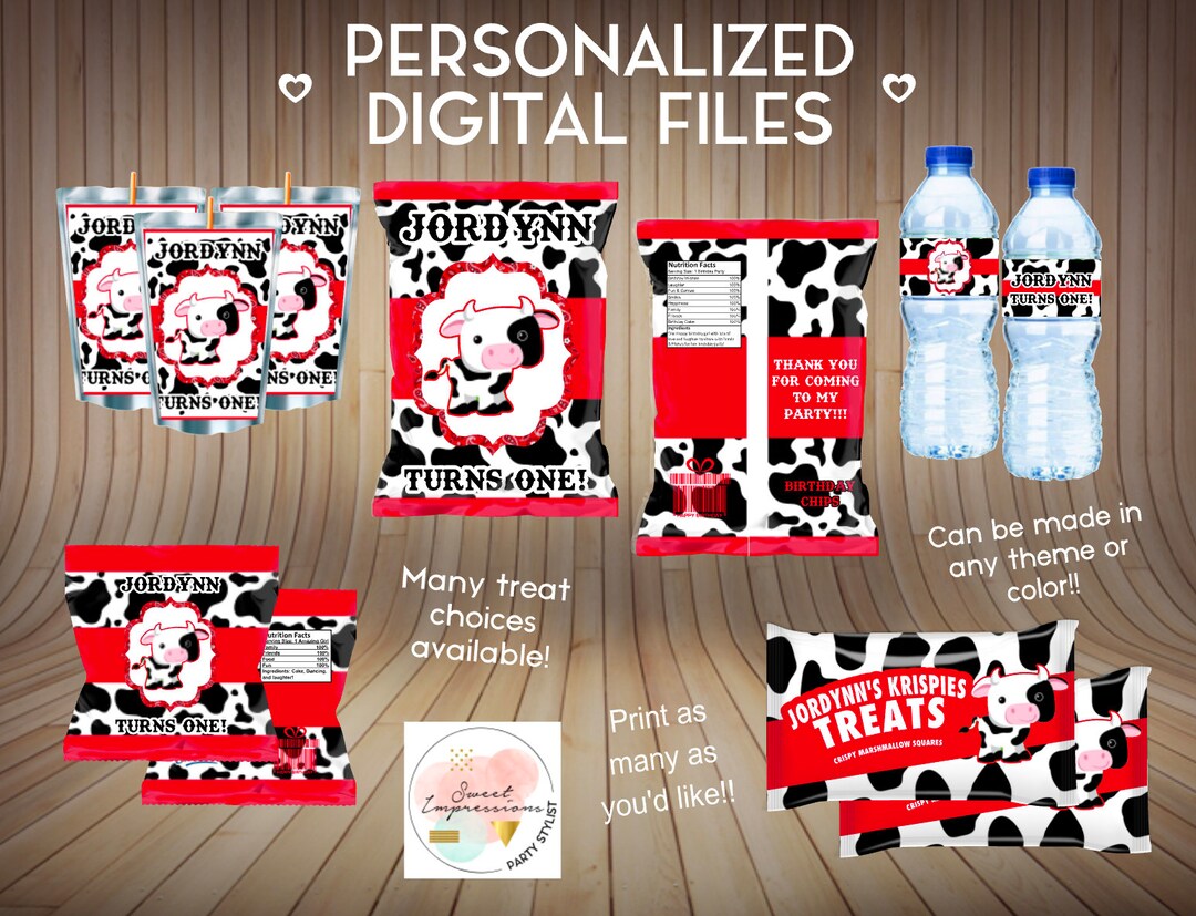 Red Cow Print Birthday Treats, Chip Bags, Fruit Snacks, Custom Party ...
