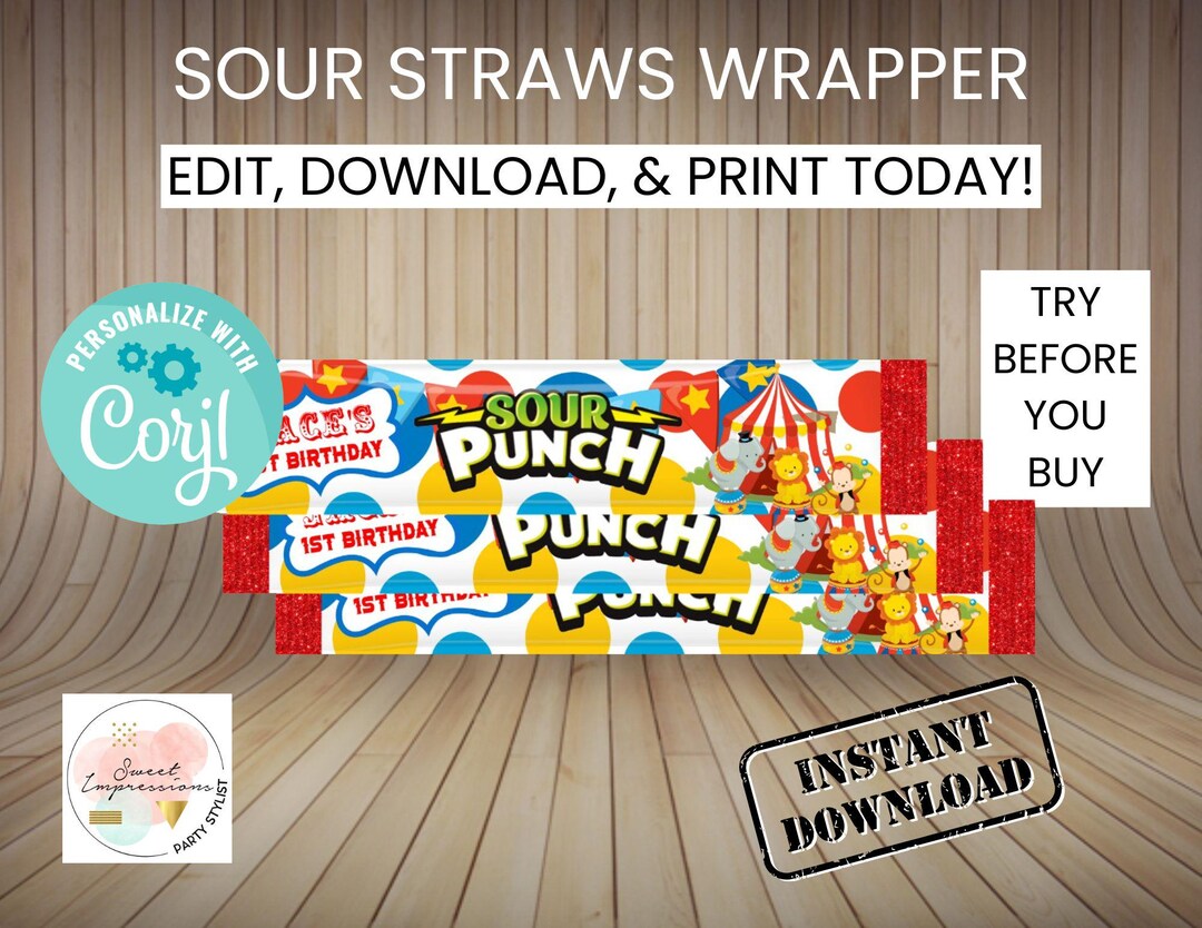Circus Carnival Sour Straws Wrapper | EDITABLE | Instant Access | Party ...
