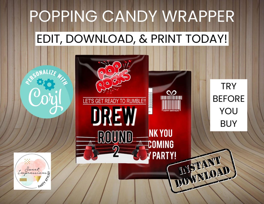 Boxing Ring Popping Candy Wrapper | EDITABLE | Instant Access | Party ...