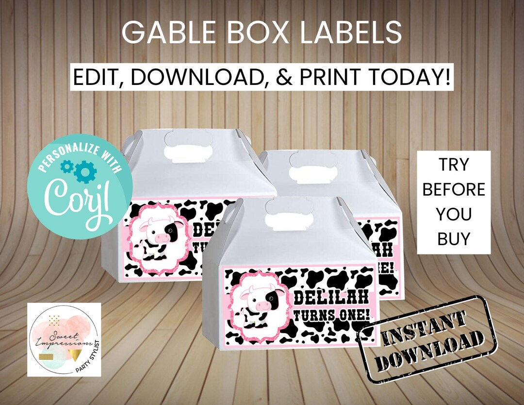Pink Cow Gable Box Labels | EDITABLE | Instant Access | Party Treats ...