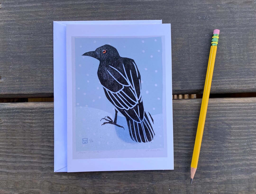 Crow in Snow Greeting Card / Holly Meade Woodblock Print - Etsy