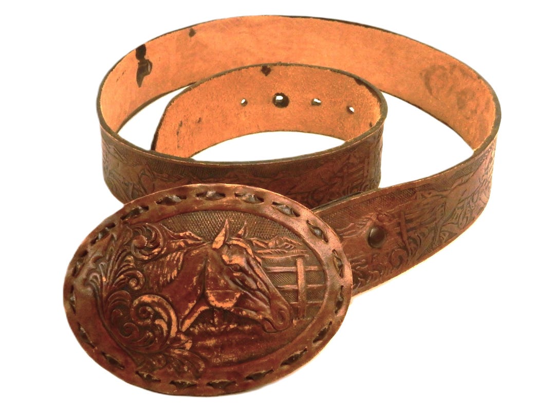 Tooled Leather & Brass Belt, Horse Head Buckle, Running Horses Strap ...