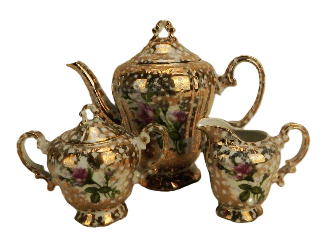 Gilded Porcelain Tea Set, Teapot/creamer/covered Sugar, Spotted, Floral ...
