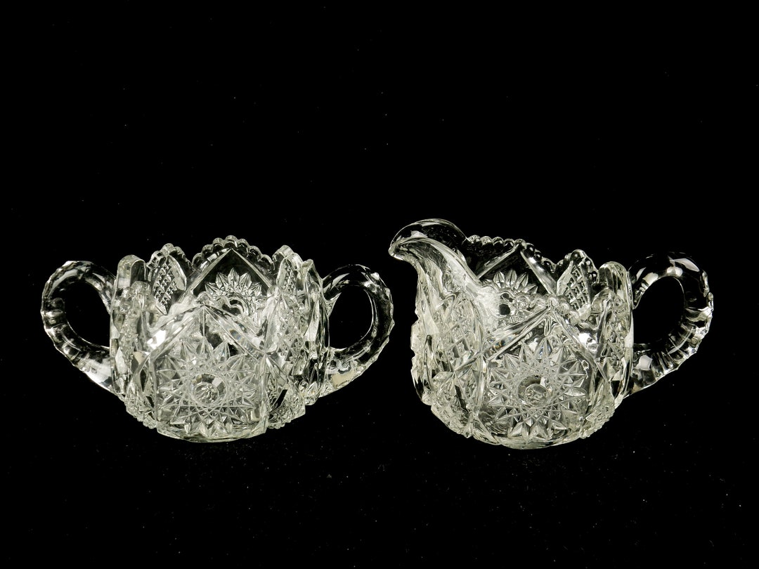 US Glass Creamer & Sugar Bowl Set, Hobstars With Diamonds and Fans ...