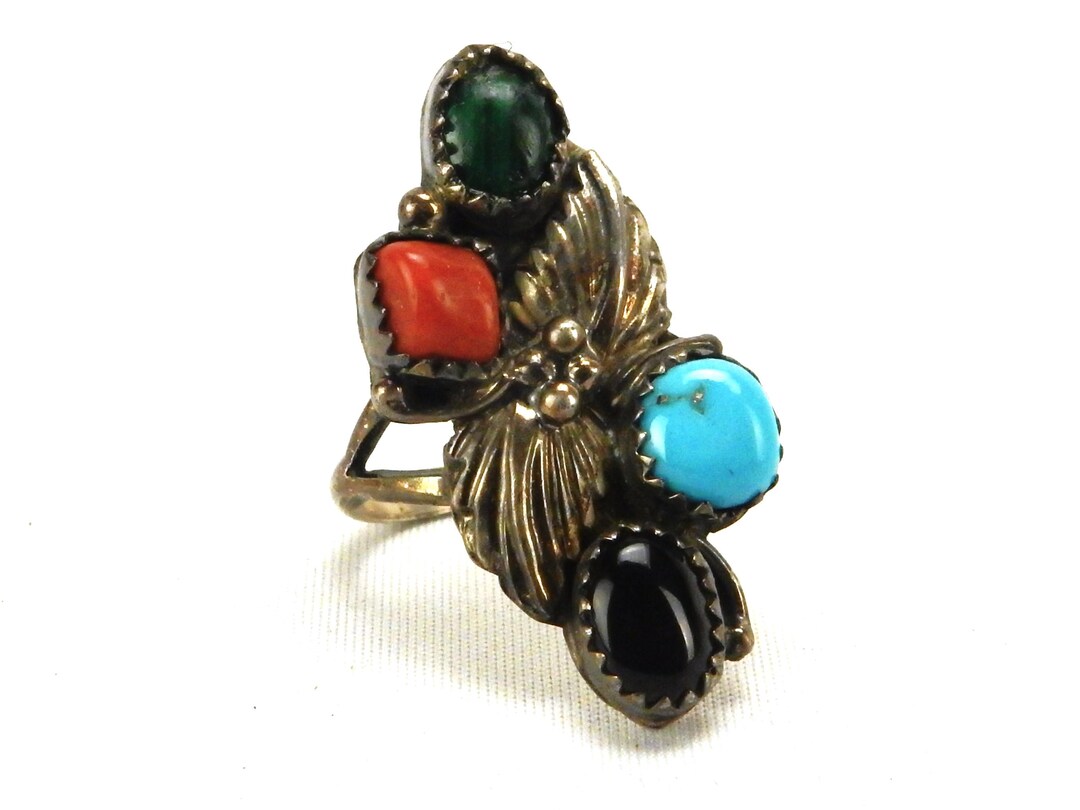 Sterling Dinner Ring, Vintage Turquoise & Coral Stones, EDE, Size 6 ...