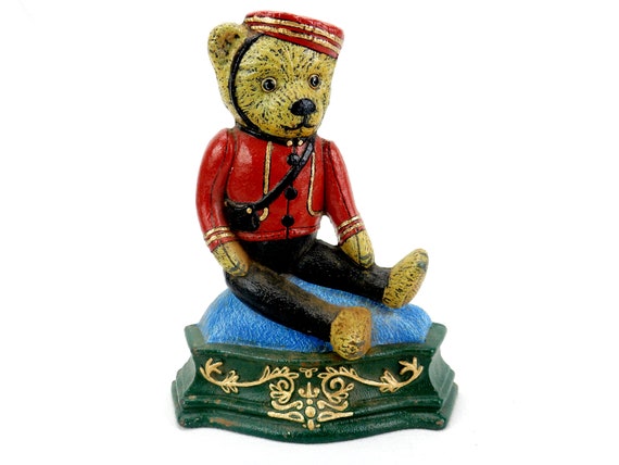 Vintage Cast Iron Door Stop Teddy Bear Bellhop Red Coat & | Etsy