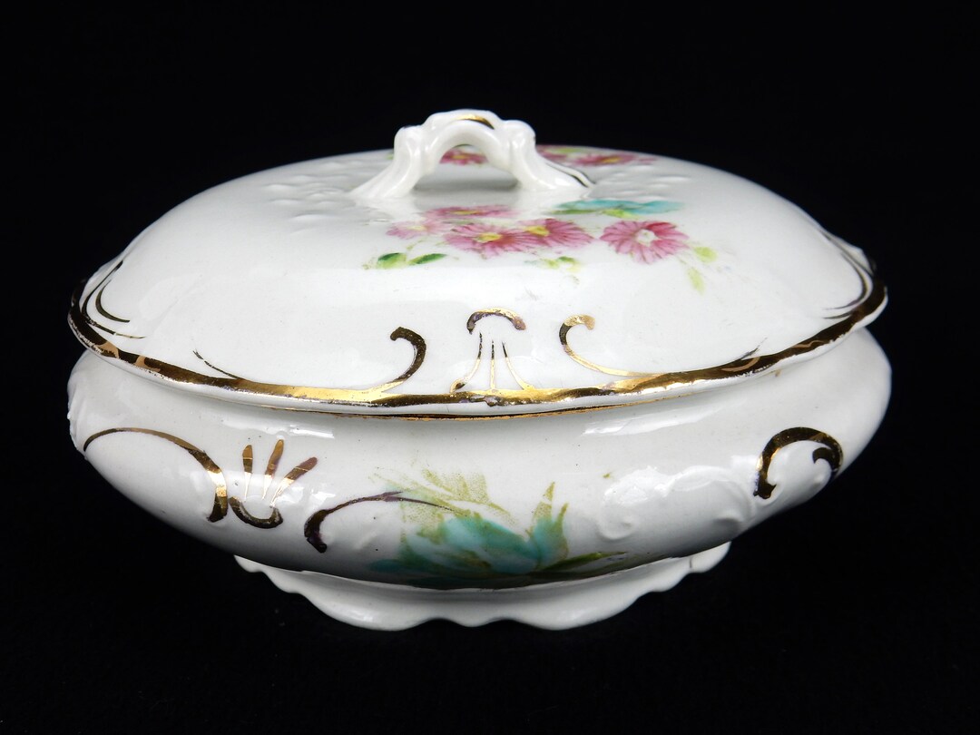 Porcelain Covered Dresser Dish, Dresden Semi-porcelain, Pink Flowers ...