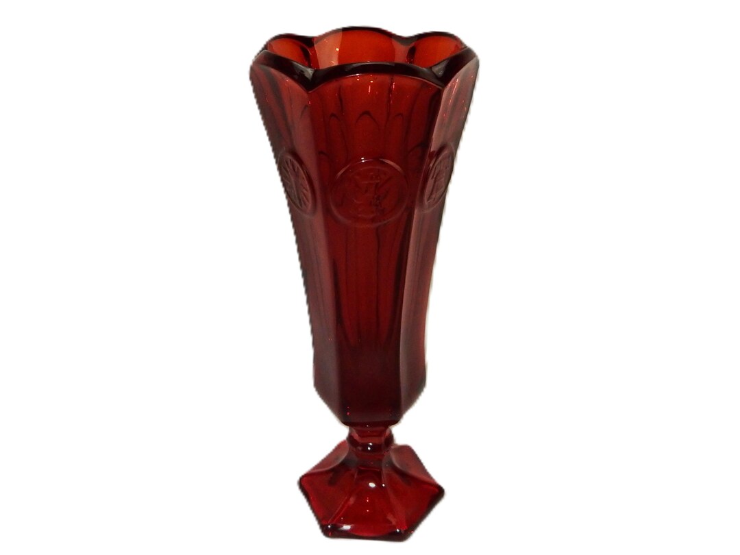 Ruby Red Coin Glass 8" Bud Vase, Footed, Fluted Scalloped Rim, Fostoria ...