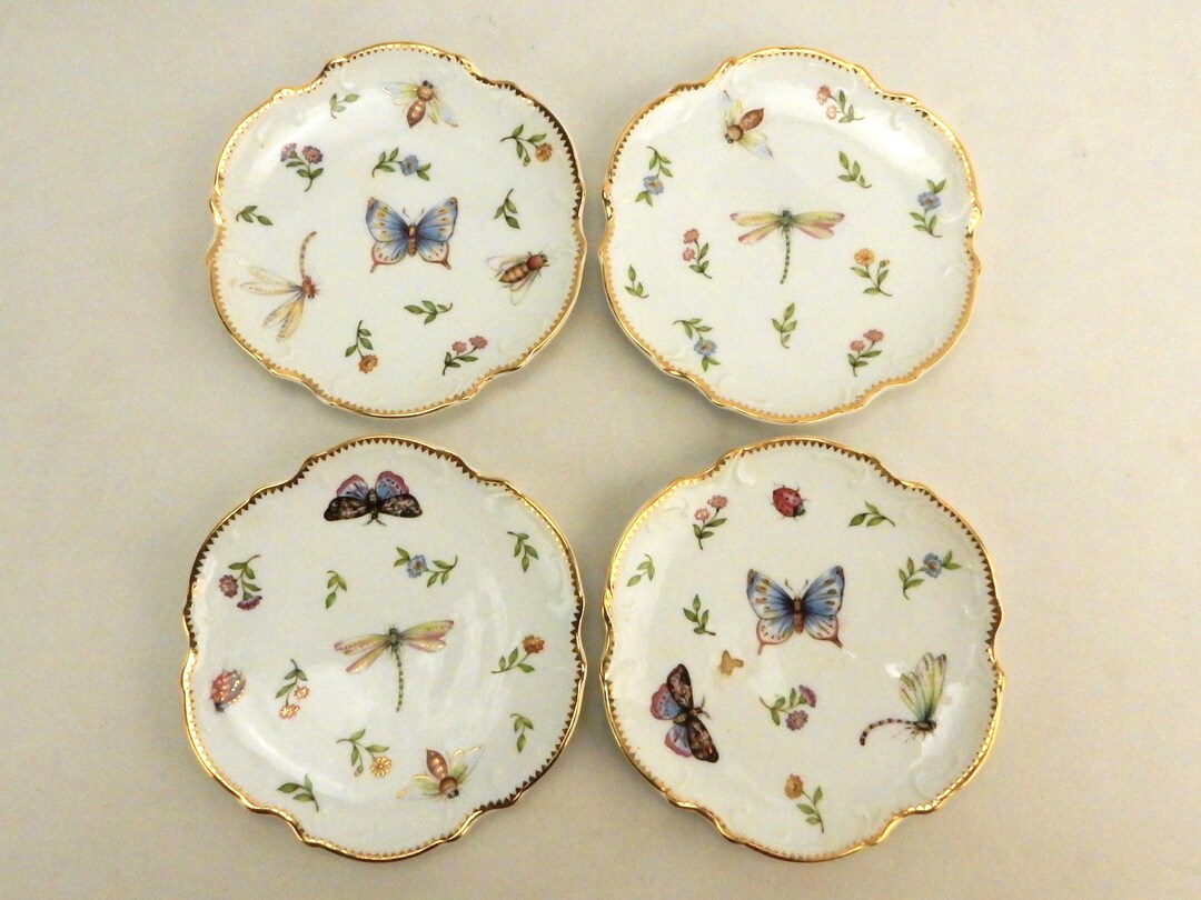 Set of Four 6 Godinger Porcelain Plates, Primavera Insect Pattern ...
