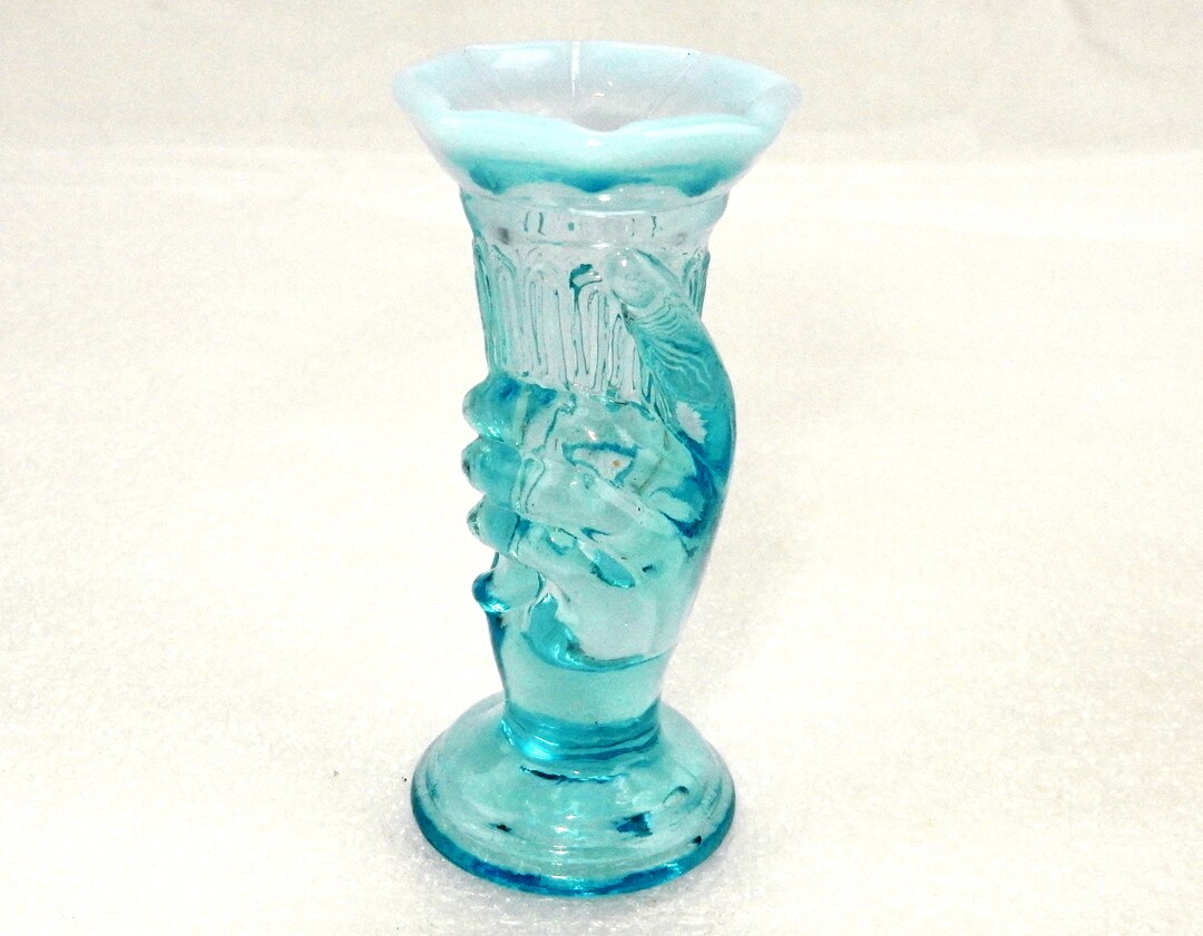 Opalescent Blue Mini Hand Vase, Hand Holding Flower, Vintage Fenton Art ...