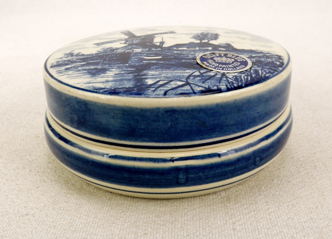 Porcelain 5 Round Powder Box Blue Delft Windmills - Etsy