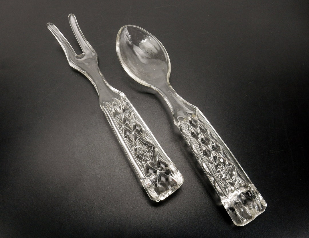 Anchor Hocking Glass Fork & Spoon Salad Utensils, Vintage 1960s ...