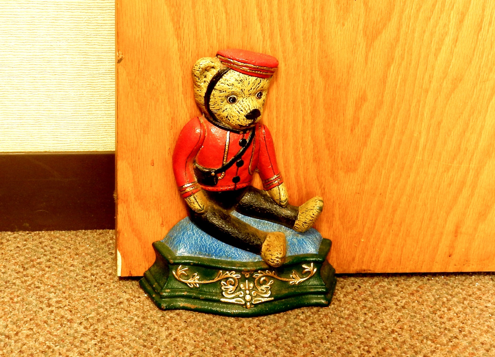 Vintage Cast Iron Door Stop Teddy Bear Bellhop Red Coat & | Etsy
