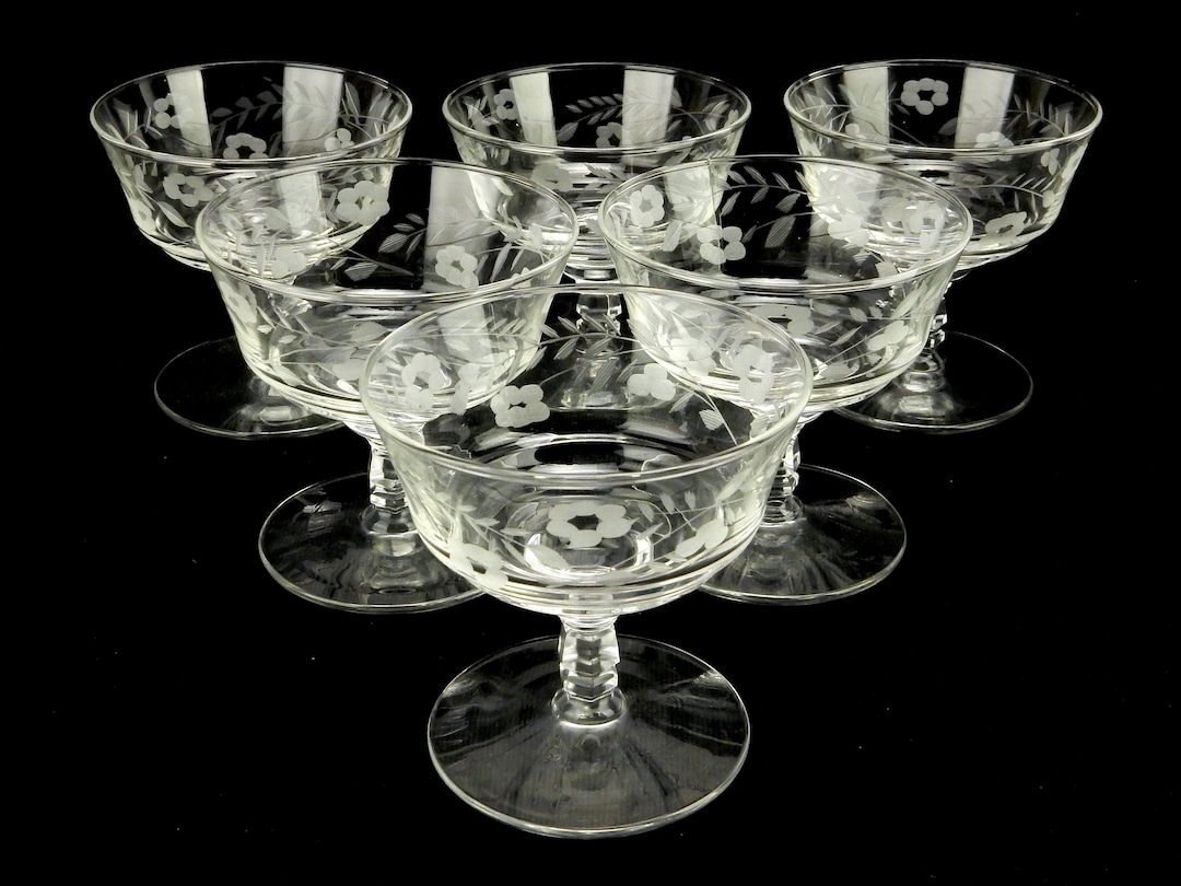 Set of 6 Rock Sharpe/libbey Sherbet Glasses, Etched Floral Pattern, 3 1 ...