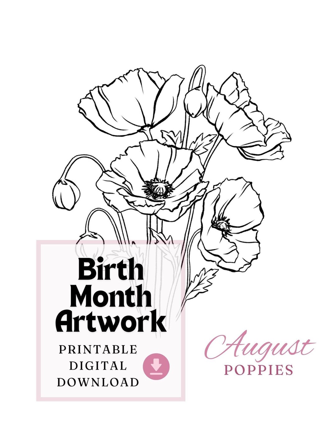 August Poppies Digital Download Art, Birthstone Art Printable, Instant ...