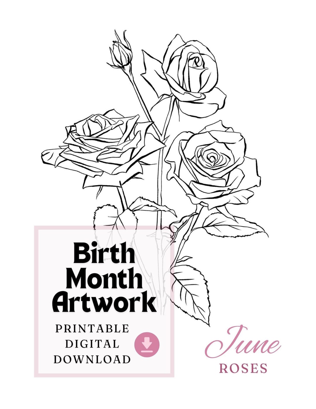 June Roses Digital Download Birth Month JPG, Birthstone Art Printable ...