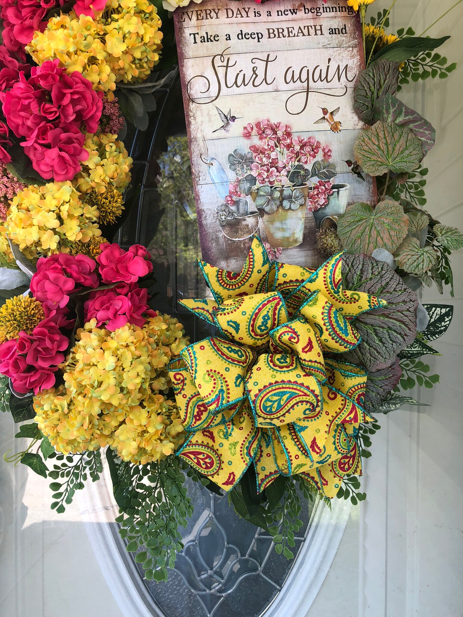 Yellow Snowballs and Red Geraniums Front Door Wreath Yellow and Red ...