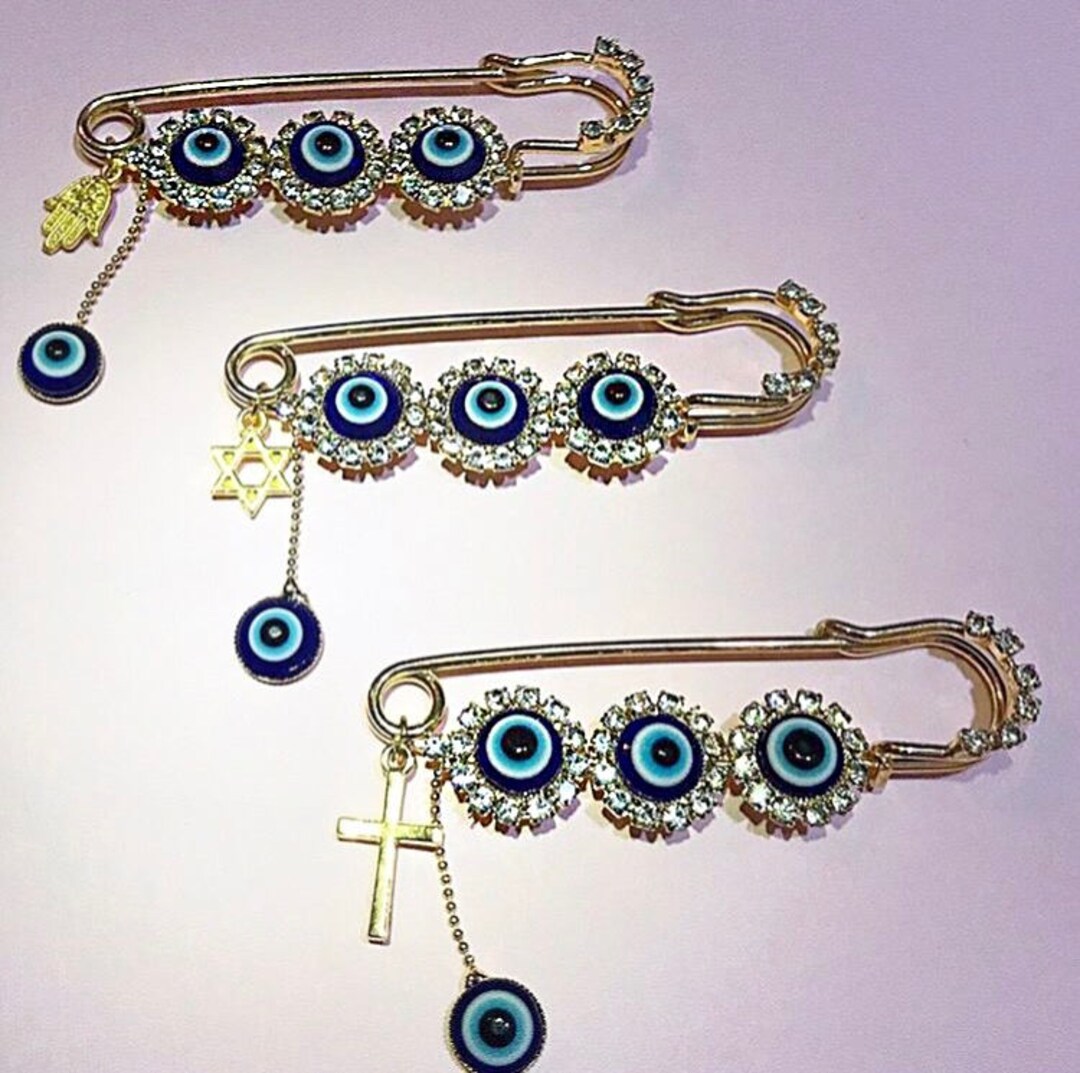 EVIL EYE PIN 4 Evil Eyes With Choice of Star of David, Cross, Hamsa or ...