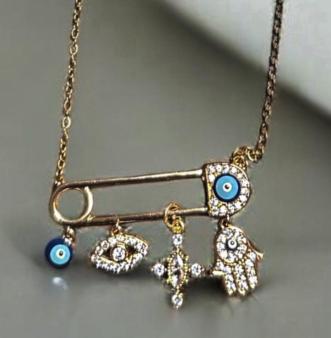 Safety Pin Necklace With Cross Evil Eye and Hamsa - Etsy