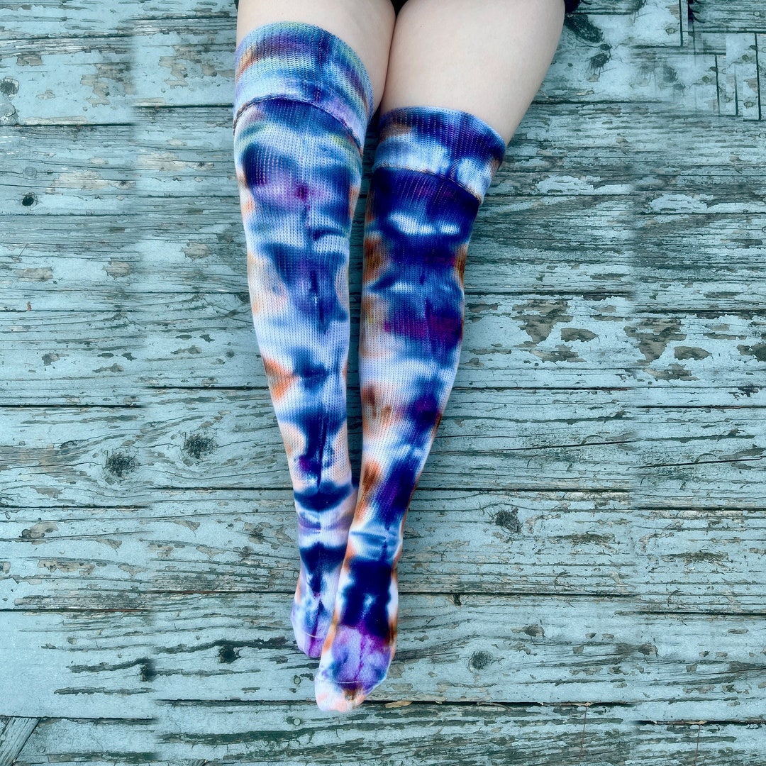 PURPLE + BRONZE ~ Tie Dye Thigh High Socks - One Size Fists Most Sizes ...