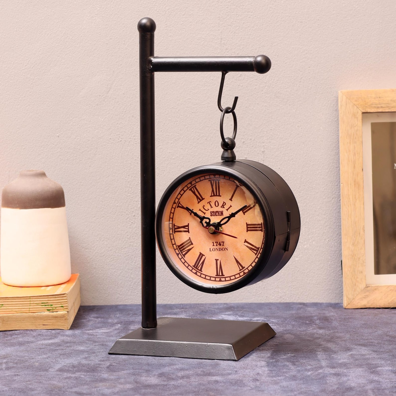 Vintage Style Victoria Dual Side Hanging Metal Table Clock With Black ...