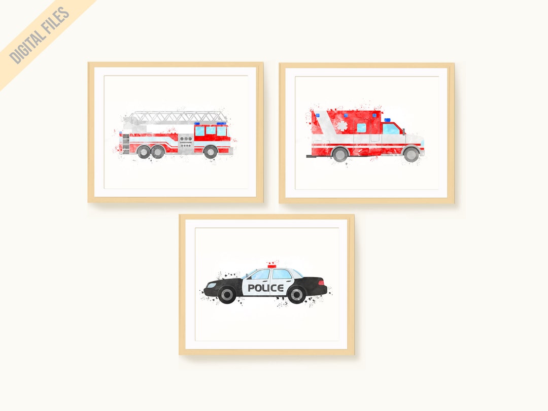 Set of 3 Rescue Vehicles Watercolor Art Prints - Firetruck, Ambulance ...