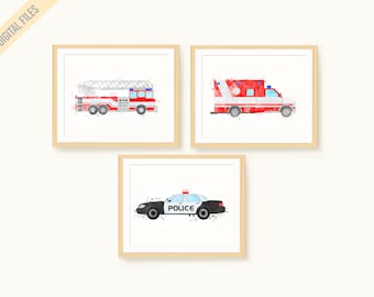 3 Rescue Vehicles Prints, Ambulance, Fire Engine, Police Car, Boy Room ...