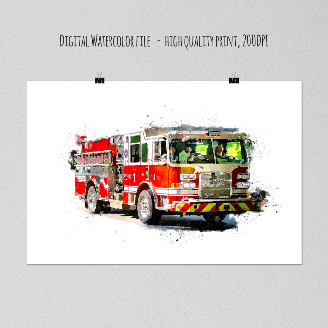 Fire Truck Print Watercolor Wall Art Fire Rescue - Etsy