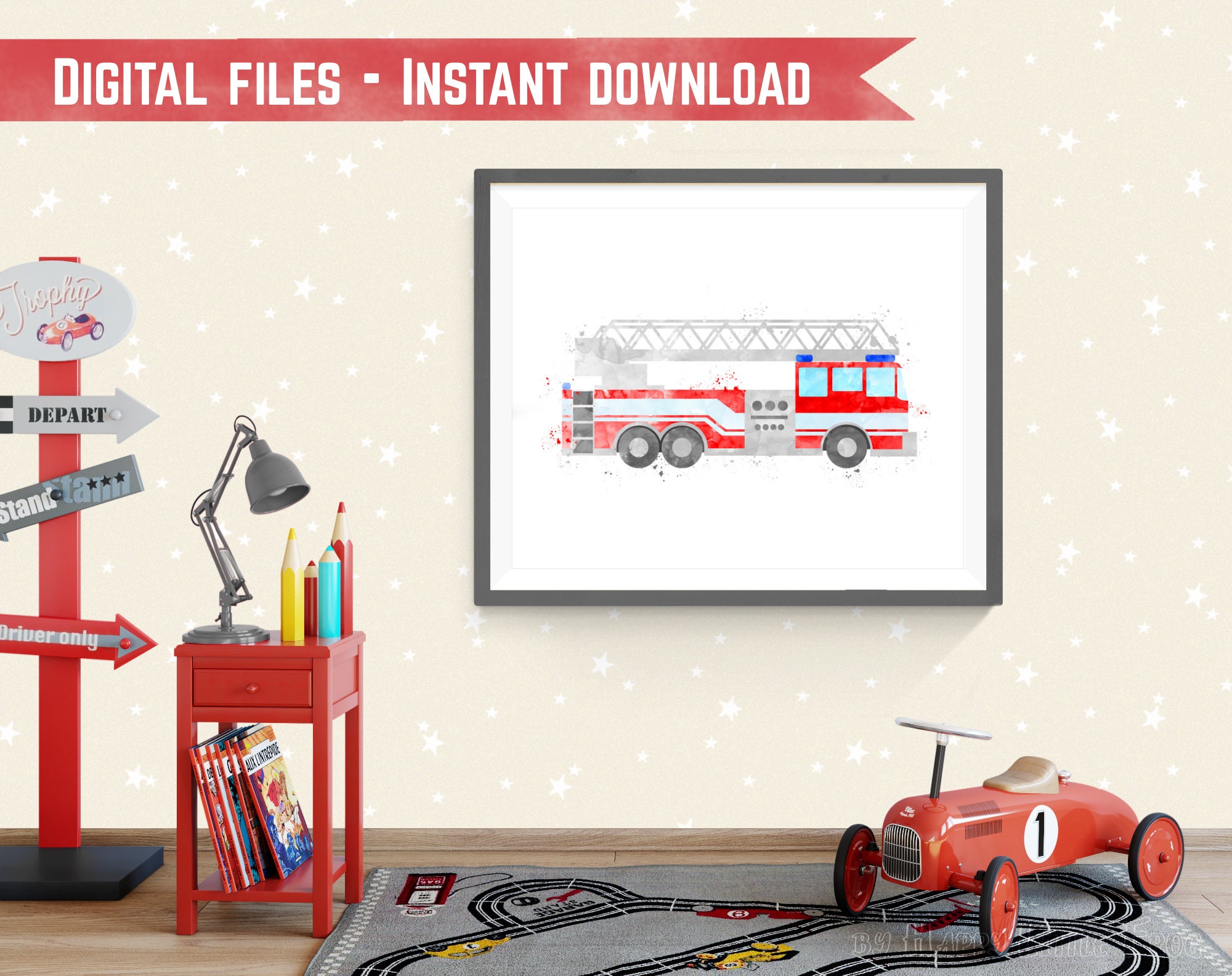 Fire Truck Wall Art Firetruck Print Watercolor Firetruck | Etsy