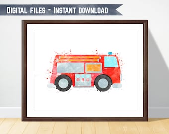 Fire Truck Wall Decor, Fire Engine Wall Art Watercolor Nursery Art Kids ...