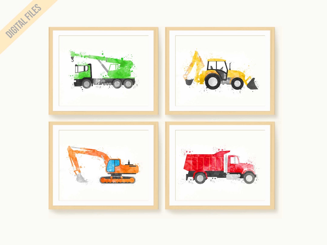 Colorful Construction Vehicles Set of 4 Printables: Crane, Backhoe ...