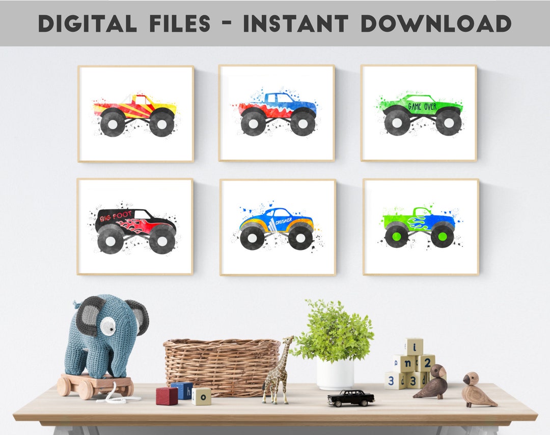 Monster Truck Bundle: Set of 6 Printable Watercolor Truck Art for Kids ...