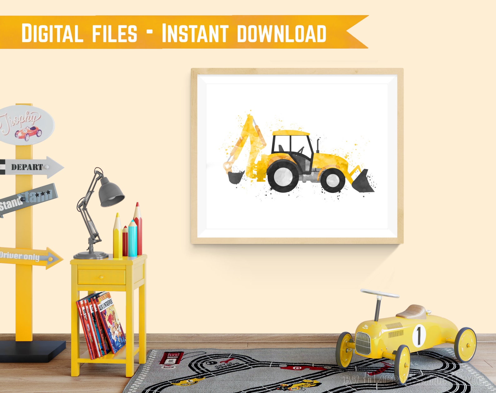 Excavator Printable Watercolor Digger Back Hoe Loader | Etsy