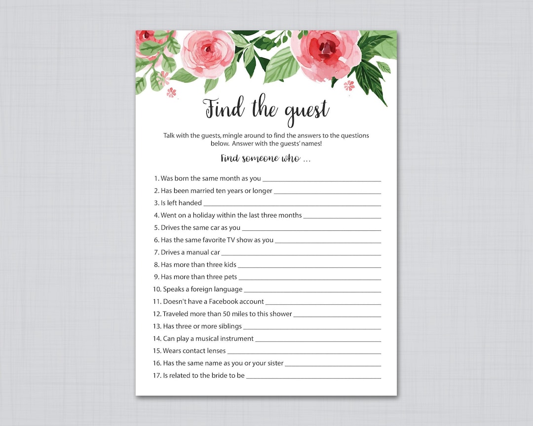 Find the Guest, Bridal Shower Games, Printable Shower Game, Wedding ...