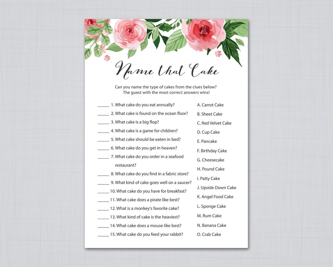 Name That Cake, Bridal Shower Games, Guess the Cake Game, Floral Bridal ...