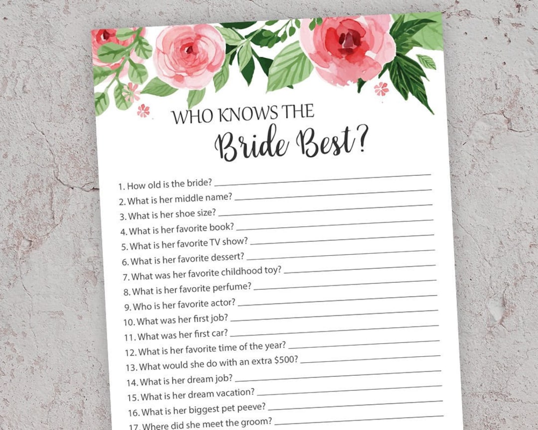 Who Knows the Bride Best, Bridal Shower Games, Printable Shower Games ...