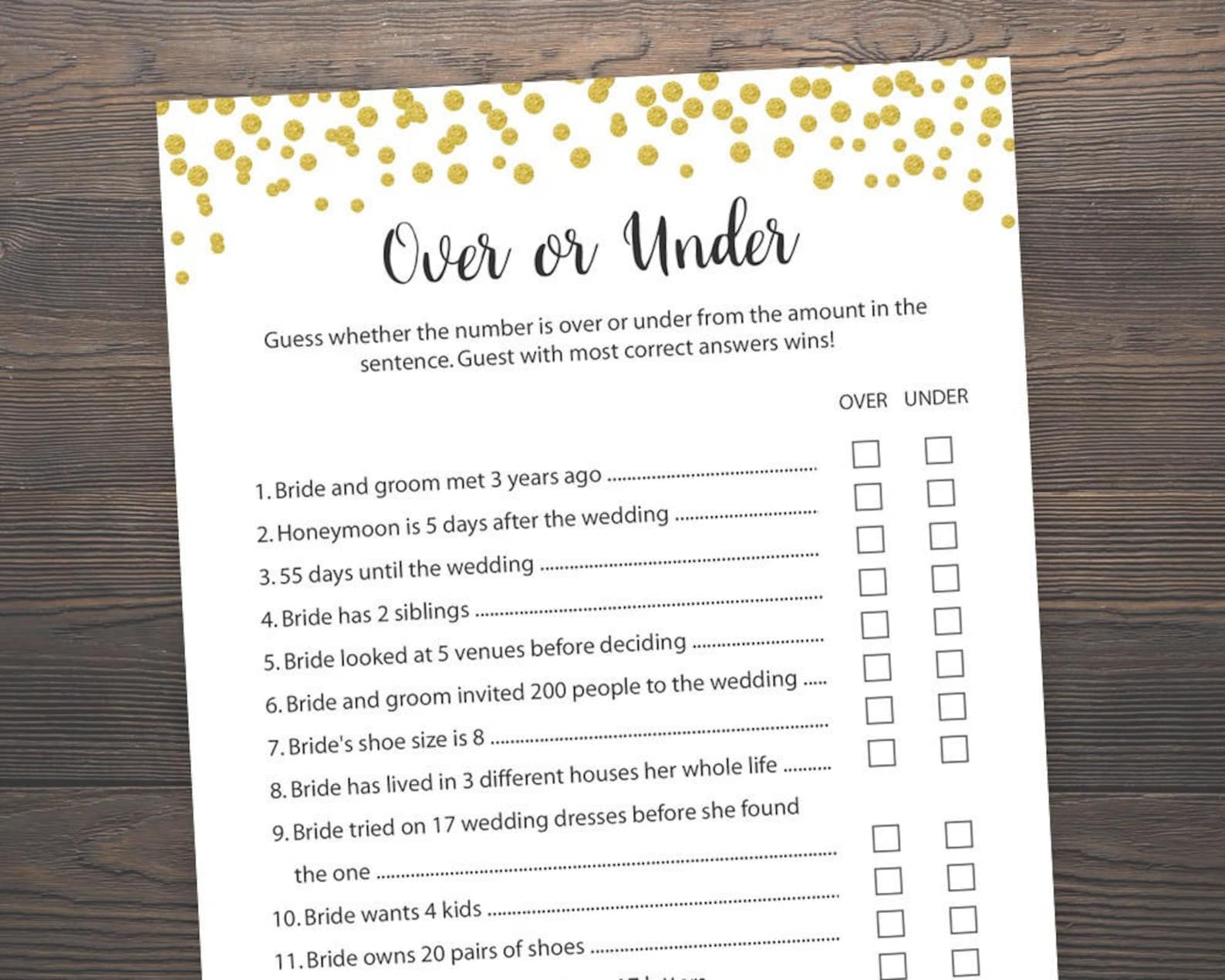 Over or Under Game, Bridal Shower Games, Printable Bridal Shower, Over ...
