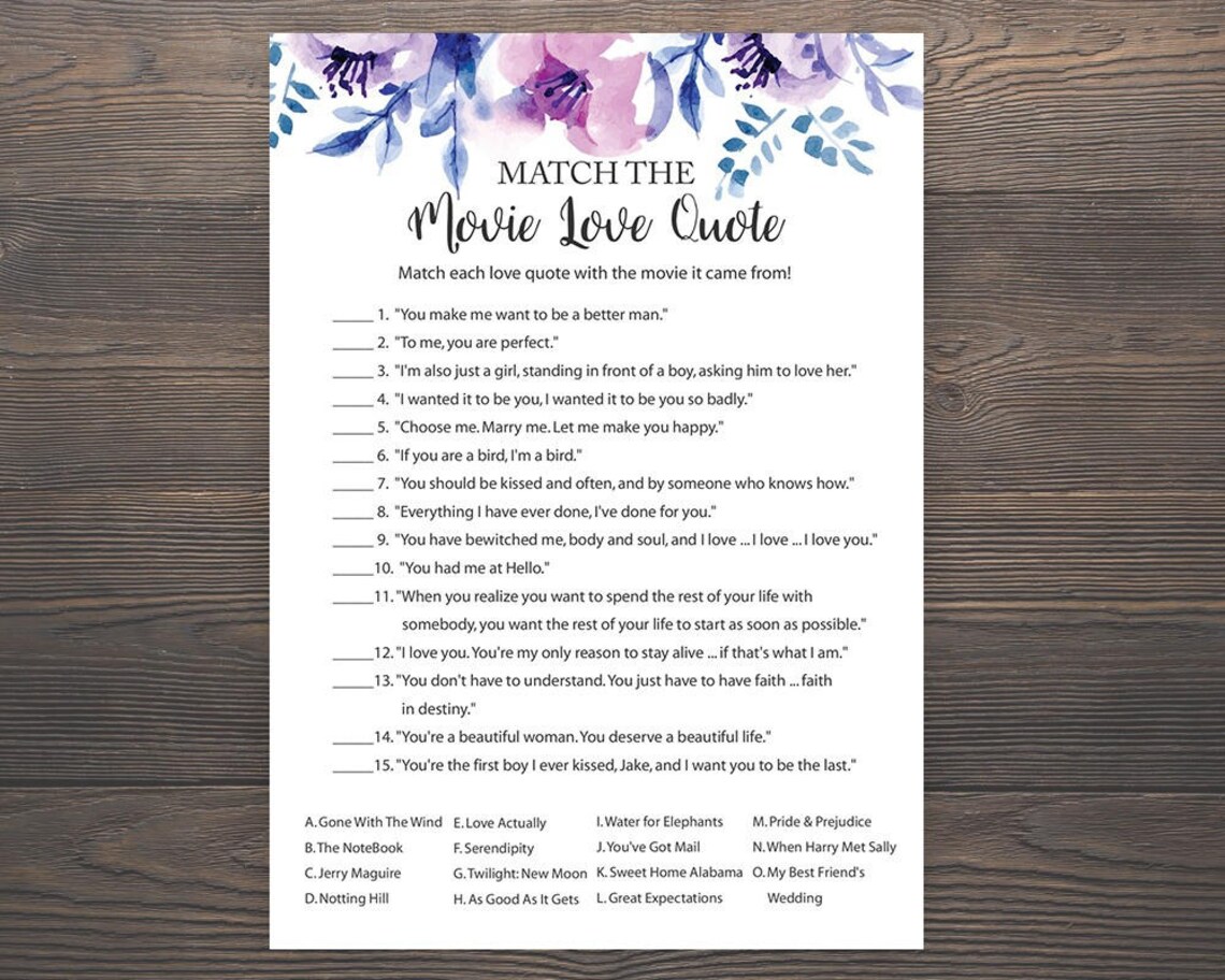 Match the Movie Love Quote, Printable Bridal Shower, Lavender Bridal ...