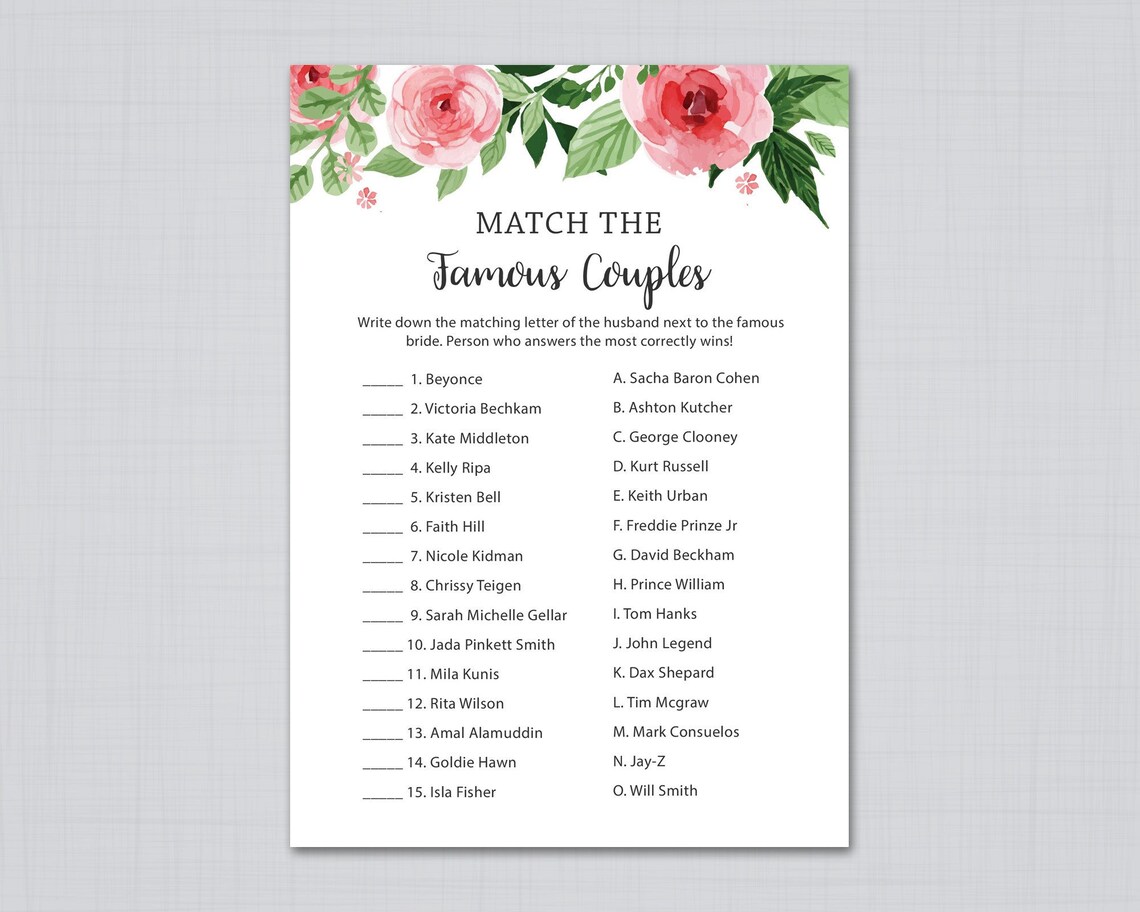 Match the Famous Couples, Printable Bridal Shower, Engagement Party ...