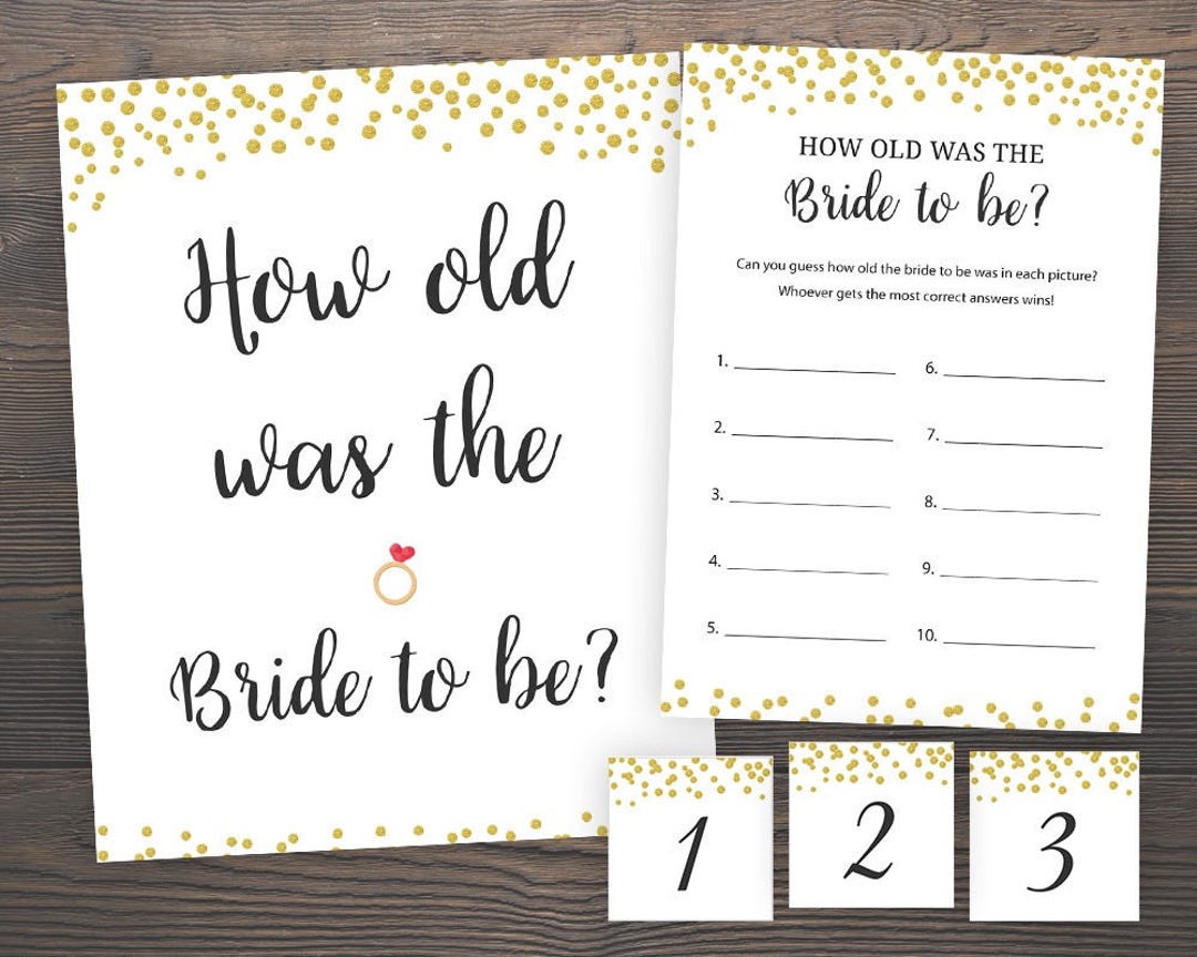 How Old Was the Bride to Be, Bridal Shower Games, Gold Bridal Shower ...