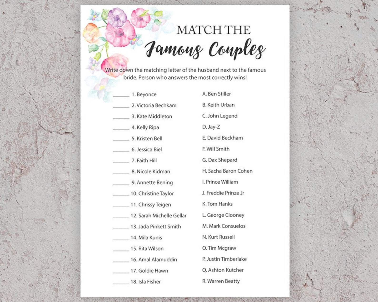 Famous Couples, Bridal Shower Game, Famous Couples Game, Celebrity ...