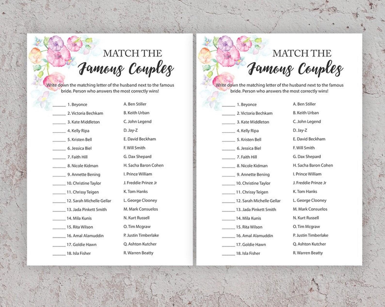 Famous Couples, Bridal Shower Game, Famous Couples Game, Celebrity ...