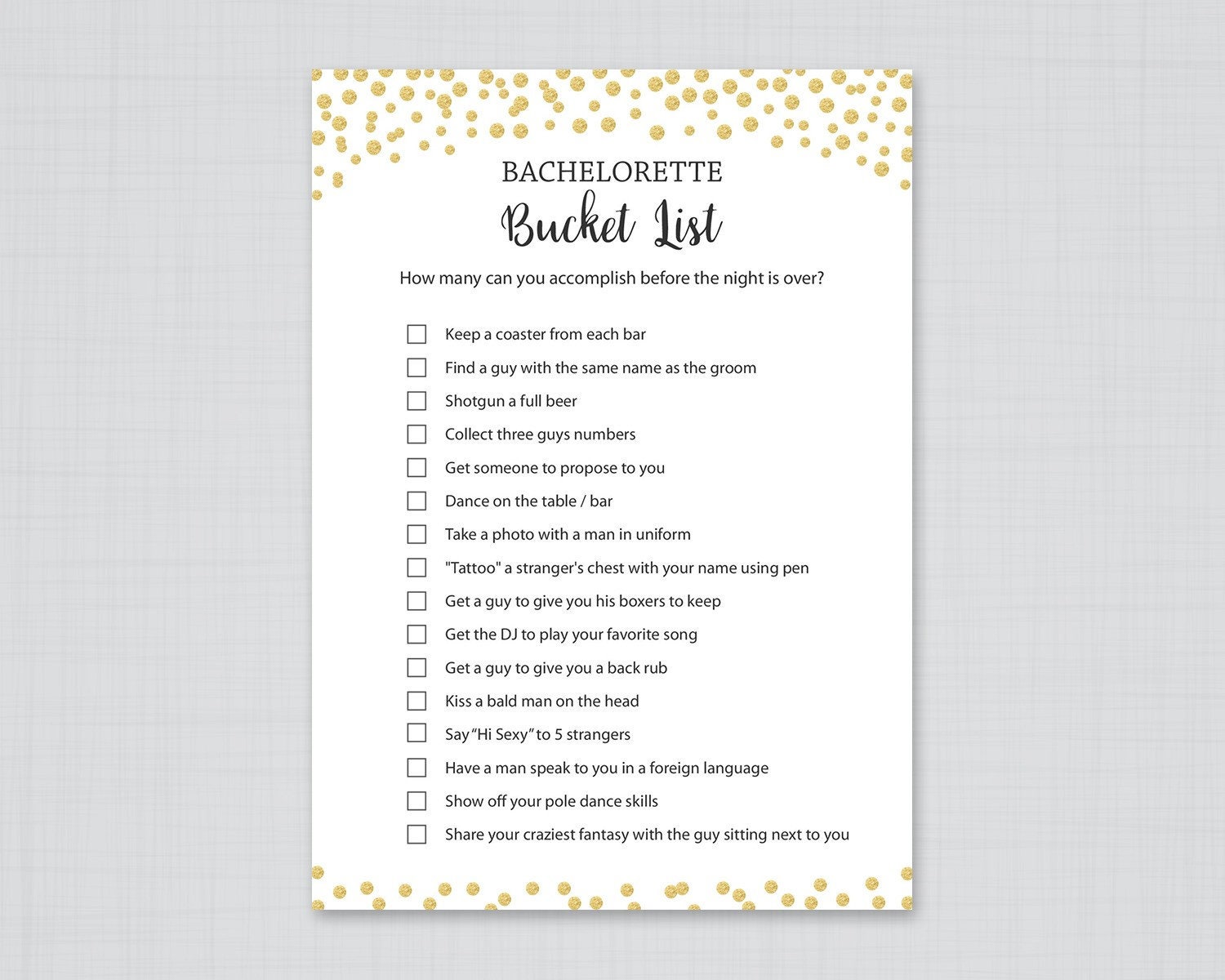 Gold Bachelorette Bucket List, Bridal Shower Games, Hens Party Games ...